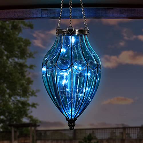 Exhart Outdoor Garden Solar Lights, Blue Glass Hanging Garden Lantern with Waving Metal Pattern, 15 LED Firefly Lights, 7.5 x 25 Inch