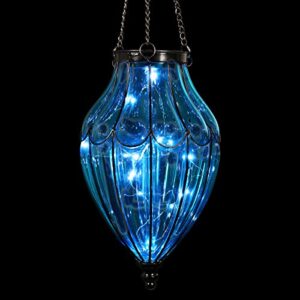 Exhart Outdoor Garden Solar Lights, Blue Glass Hanging Garden Lantern with Waving Metal Pattern, 15 LED Firefly Lights, 7.5 x 25 Inch