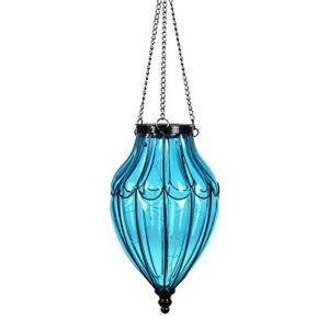 Exhart Outdoor Garden Solar Lights, Blue Glass Hanging Garden Lantern with Waving Metal Pattern, 15 LED Firefly Lights, 7.5 x 25 Inch