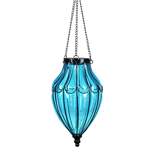 Exhart Outdoor Garden Solar Lights, Blue Glass Hanging Garden Lantern with Waving Metal Pattern, 15 LED Firefly Lights, 7.5 x 25 Inch