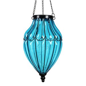 Exhart Outdoor Garden Solar Lights, Blue Glass Hanging Garden Lantern with Waving Metal Pattern, 15 LED Firefly Lights, 7.5 x 25 Inch