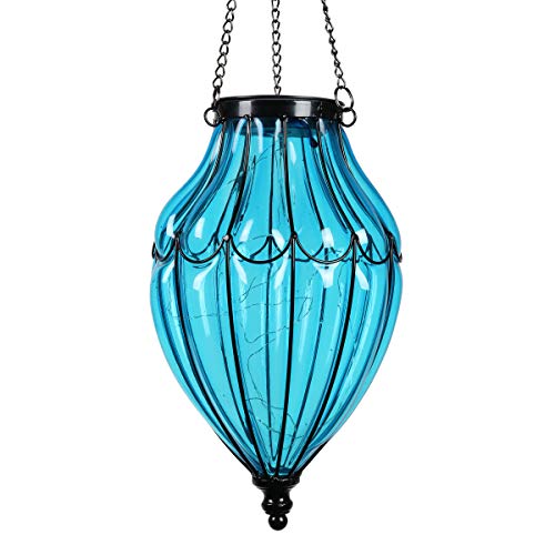 Exhart Outdoor Garden Solar Lights, Blue Glass Hanging Garden Lantern with Waving Metal Pattern, 15 LED Firefly Lights, 7.5 x 25 Inch