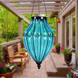 Exhart Outdoor Garden Solar Lights, Blue Glass Hanging Garden Lantern with Waving Metal Pattern, 15 LED Firefly Lights, 7.5 x 25 Inch