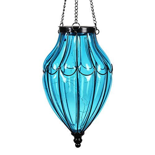 Exhart Outdoor Garden Solar Lights, Blue Glass Hanging Garden Lantern with Waving Metal Pattern, 15 LED Firefly Lights, 7.5 x 25 Inch