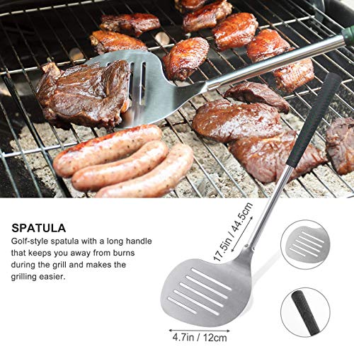 Grilljoy 8pcs BBQ Grill Tools Set. Extra Thick Stainless Steel Fork, Spatula,Tongs& Cleaning Brush - Complete Golf-Style Grilling Accessories with Long Heat-Resistant Grip