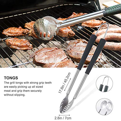 Grilljoy 8pcs BBQ Grill Tools Set. Extra Thick Stainless Steel Fork, Spatula,Tongs& Cleaning Brush - Complete Golf-Style Grilling Accessories with Long Heat-Resistant Grip