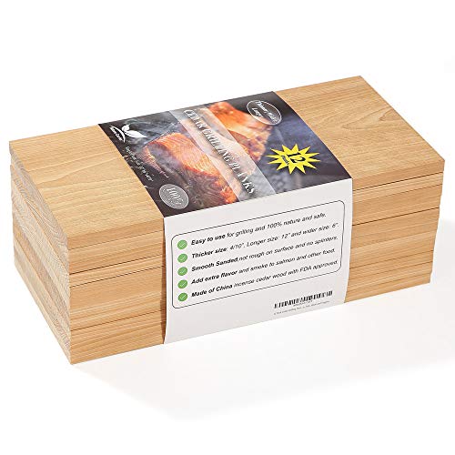 12 Pack Cedar Grilling Planks with Thicker (4/10”) & Larger (12”x 6”) Size. Add Extra Flavor and Smoke to Salmon - BBQ China Incense Cedar Planks for Grilling Salmon, Fish, Steak and Veggies.