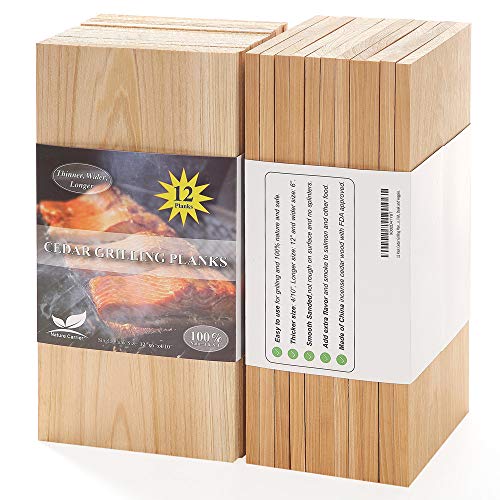 12 Pack Cedar Grilling Planks with Thicker (4/10”) & Larger (12”x 6”) Size. Add Extra Flavor and Smoke to Salmon - BBQ China Incense Cedar Planks for Grilling Salmon, Fish, Steak and Veggies.