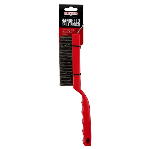 Chef Master 90044 Grill Brush | Handheld Small Grill Cleaning Brush | 2 in 1 | Wire Bristles | Scraper Head | Comfortable Handle | Heavy Duty Plastic Construction