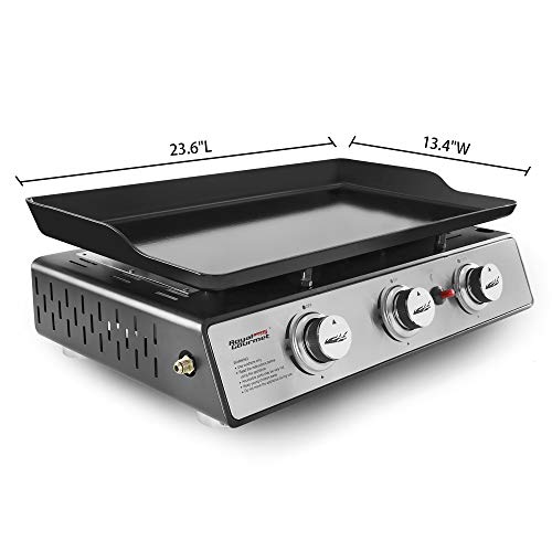 Royal Gourmet PD1301S Portable 24-Inch 3-Burner Table Top Gas Grill Griddle with Cover, 25,500 BTUs, Outdoor Cooking Camping or Tailgating, Black