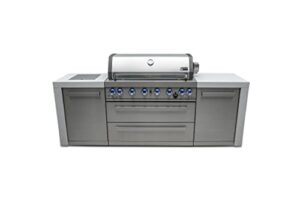 mont alpi mai805-d 44-inch 6-burner 115000 btu stainless steel outdoor kitchen bar island barbecue gas grill w/ceramic infrared rear & side burner + granite countertops + storage cabinets & wheels