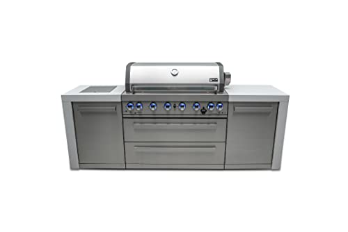 Mont Alpi MAi805-D 44-Inch 6-Burner 115000 BTU Stainless Steel Outdoor Kitchen Bar Island Barbecue Gas Grill w/Ceramic Infrared Rear & Side Burner + Granite Countertops + Storage Cabinets & Wheels