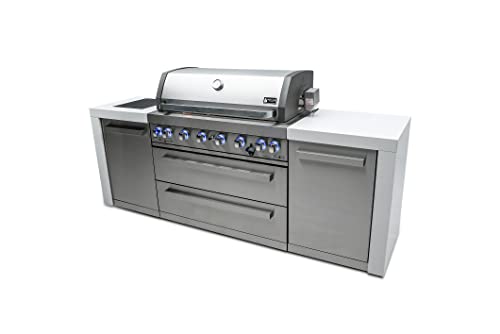 Mont Alpi MAi805-D 44-Inch 6-Burner 115000 BTU Stainless Steel Outdoor Kitchen Bar Island Barbecue Gas Grill w/Ceramic Infrared Rear & Side Burner + Granite Countertops + Storage Cabinets & Wheels