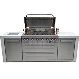 Mont Alpi MAi805-D 44-Inch 6-Burner 115000 BTU Stainless Steel Outdoor Kitchen Bar Island Barbecue Gas Grill w/Ceramic Infrared Rear & Side Burner + Granite Countertops + Storage Cabinets & Wheels