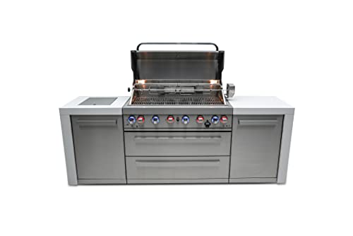 Mont Alpi MAi805-D 44-Inch 6-Burner 115000 BTU Stainless Steel Outdoor Kitchen Bar Island Barbecue Gas Grill w/Ceramic Infrared Rear & Side Burner + Granite Countertops + Storage Cabinets & Wheels