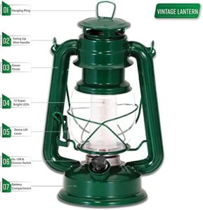 2-pack vintage style lantern (green) with 12 led's and 150 lumen light output and dimmer switch, battery operated hanging lantern for indoor and outdoor usage (green)