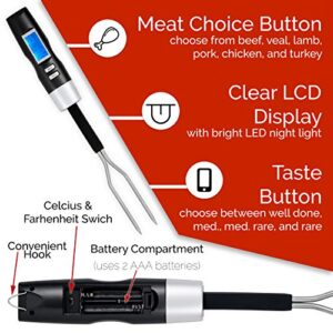 Ultimate BBQ Grill Tools Set with Meat Thermometer & 4 Stainless Steel Grilling Accessories - 5 Piece BBQ Accessories Set Includes Tongs, Spatula, Fork, Silicon Basting Brush and Instant Read Digital