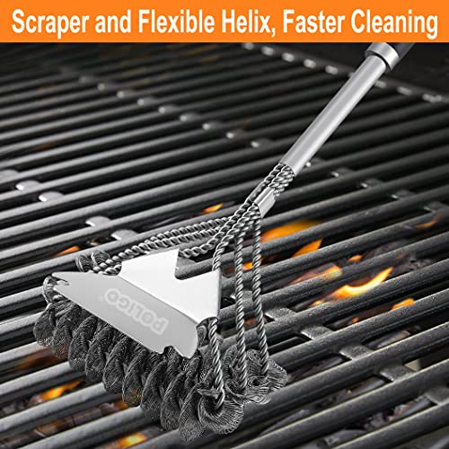 POLIGO 18" Grill Cleaner Brush Safe Grill Brush and Scraper Bristle Free - Stainless Steel BBQ Brush for Grill Cleaning - Wireless Grill Brush with BBQ Scraper for Grill - Gifts for Grill Wizard