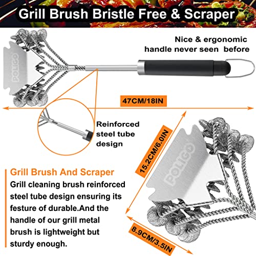 POLIGO 18" Grill Cleaner Brush Safe Grill Brush and Scraper Bristle Free - Stainless Steel BBQ Brush for Grill Cleaning - Wireless Grill Brush with BBQ Scraper for Grill - Gifts for Grill Wizard