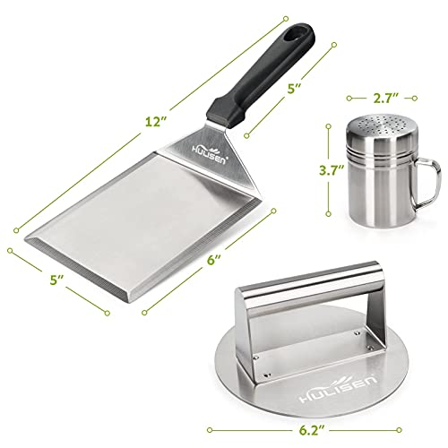 HULISEN Smashed Burger Kit, Stainless Steel Burger Press, Grill Spatula and Spice Dredge Shaker - Burger Smasher Griddle Accessories Kit for Flat Top Griddle Grill Cooking, Gift Package