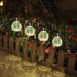 hapjoy 4 pack outdoor solar lights set with shepherd hooks, hanging solar lanterns color changing solar powered waterproof landscape lanterns with crackle glass ball design pathway decoration