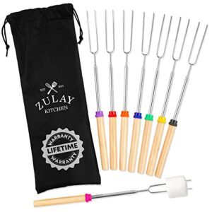 zulay marshmallow roasting sticks - extendable stainless steel smores sticks for campfire, bonfire, fire pit - marshmallow sticks - hot dog skewers - camping accessories smores kit - 32” long (8 pack)