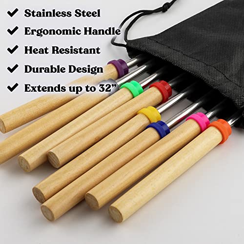 Zulay Marshmallow Roasting Sticks - Extendable Stainless Steel Smores Sticks For Campfire, Bonfire, Fire Pit - Marshmallow Sticks - Hot Dog Skewers - Camping Accessories Smores Kit - 32” Long (8 Pack)