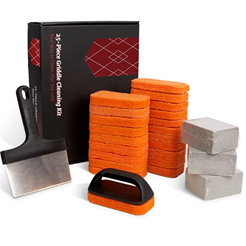 Ultimate 25 Piece Griddle Cleaning Kit for Blackstone | Complete Flat Top Grill Accessories Kit with Scraper, Cleaning Brick, Scouring Pads | Easy Cleaning on Hot or Cold Surfaces