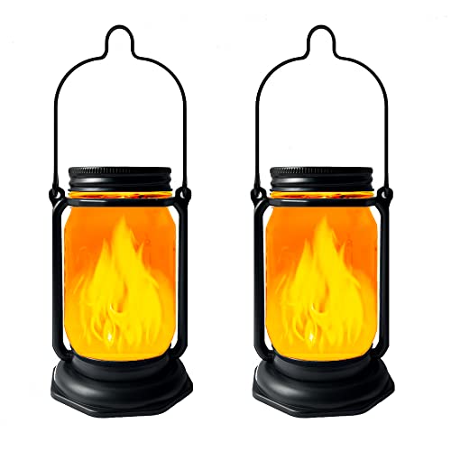 Solar Mason Jar Lantern Lights,2 Pack Hanging Flickering Torch Lights,Solar Lanterns for Outdoor Patio Party Garden Wedding Decor Lights(Mason Jars/Handles Included)