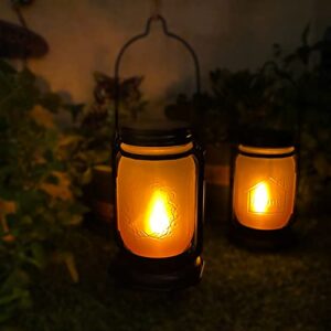 Solar Mason Jar Lantern Lights,2 Pack Hanging Flickering Torch Lights,Solar Lanterns for Outdoor Patio Party Garden Wedding Decor Lights(Mason Jars/Handles Included)