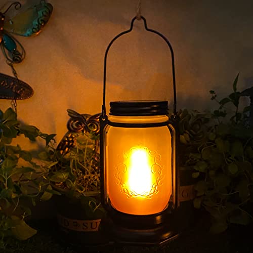 Solar Mason Jar Lantern Lights,2 Pack Hanging Flickering Torch Lights,Solar Lanterns for Outdoor Patio Party Garden Wedding Decor Lights(Mason Jars/Handles Included)