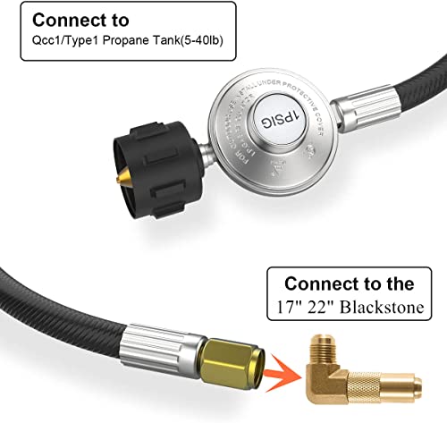 KEESHA 5 Feet Propane Hose QCC1 Regulator, 90 Degree Elbow Adaptor for Blackstone 17 inch and 22 inch Table Top Griddle Pit Boss Gas Grill, Low Pressure Propane Regulator Hose Connect to Propane Tank