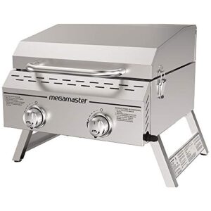 megamaster premium outdoor cooking 2-burner grill, outdoor cooking while camping, outdoor kitchen, patio garden, barbecue with two foldable legs, silver in stainless steel