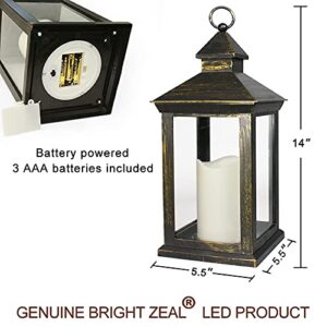 Bright Zeal 2-Pack 14" Distressed Gold Waterproof Outdoor Lanterns with LED Candles - Outdoor Battery Operated Hanging Lanterns with Timer - Candle Lanterns Decorative Indoor LED Candle Lantern Set