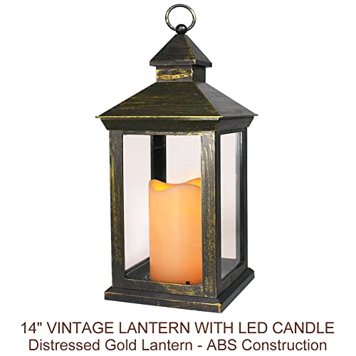 Bright Zeal 2-Pack 14" Distressed Gold Waterproof Outdoor Lanterns with LED Candles - Outdoor Battery Operated Hanging Lanterns with Timer - Candle Lanterns Decorative Indoor LED Candle Lantern Set