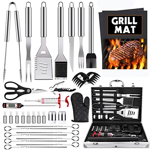 BBQ Grill Accessories Tools Set, 36PCS Stainless Steel Grilling Barbecue Tool Sets Kit with Aluminum Case, Thermometer, 2 Grill Mats for Camping, Kitchen, Barbecue Utensil for Men Women