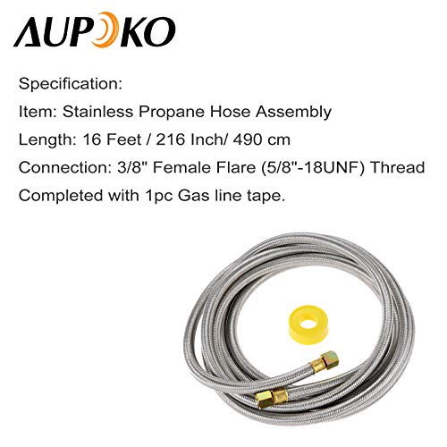 Aupoko Propane Line Stainless Extension Hose, 16 Feet Stainless Propane Hose Assembly with 3/8" Female Flare Fittings, Fits for RV, Gas Grill, Fire Pit, Heater and More, with Gas Line Pipe Thread Tape