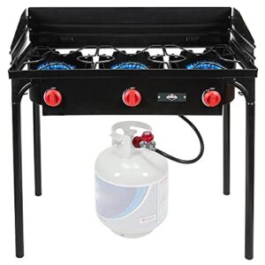 hike crew cast iron 3-burner outdoor gas stove | 225,000 btu portable propane-powered cooktop with removable legs, temperature control knobs, wind panels, hose, regulator & storage carry case