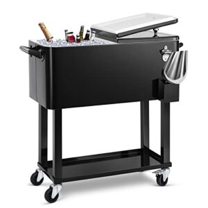 edostory 80 quart black rolling ice chest cooler cart,patio backyard party drink beverage bar stand up cooler trolley with ice scoop