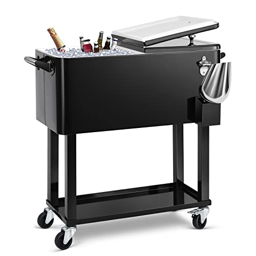 EDOSTORY 80 Quart Black Rolling Ice Chest Cooler Cart,Patio Backyard Party Drink Beverage Bar Stand Up Cooler Trolley with Ice Scoop