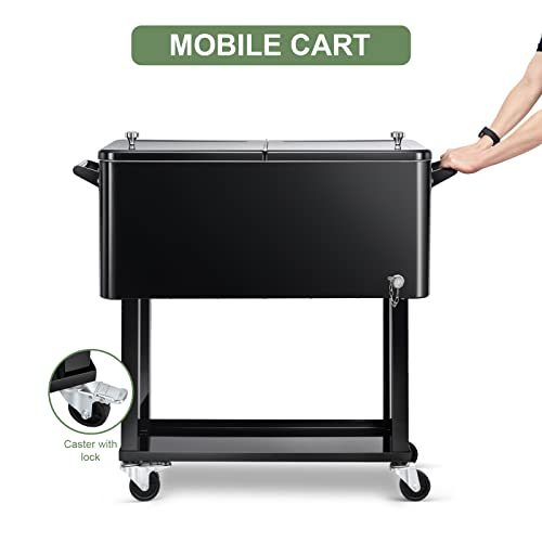 EDOSTORY 80 Quart Black Rolling Ice Chest Cooler Cart,Patio Backyard Party Drink Beverage Bar Stand Up Cooler Trolley with Ice Scoop