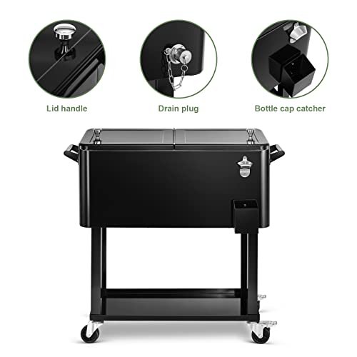 EDOSTORY 80 Quart Black Rolling Ice Chest Cooler Cart,Patio Backyard Party Drink Beverage Bar Stand Up Cooler Trolley with Ice Scoop