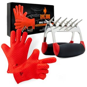 amz bbq club, bbq gloves and metal meat claw accessories with heat-resistant silicone glove and meat shredder (red)