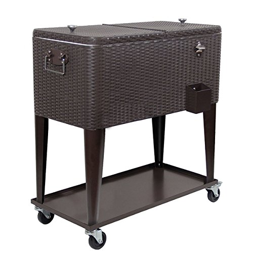 80 Quart Qt Rolling Cooler Ice Chest Beverage Cart, Dark Brown Wicker Faux Rattan Ice Tub Trolley, Portable Outdoor Backyard Patio Deck Party Drink Beverage Bar, Wheels with Shelf & Bottle Opener