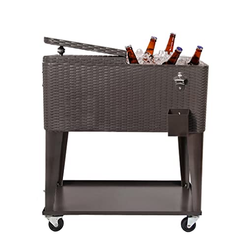 80 Quart Qt Rolling Cooler Ice Chest Beverage Cart, Dark Brown Wicker Faux Rattan Ice Tub Trolley, Portable Outdoor Backyard Patio Deck Party Drink Beverage Bar, Wheels with Shelf & Bottle Opener