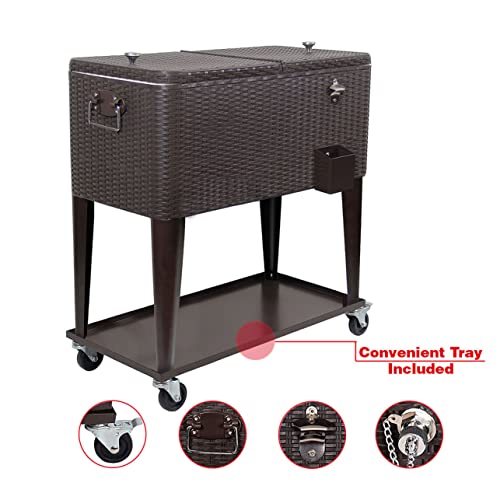 80 Quart Qt Rolling Cooler Ice Chest Beverage Cart, Dark Brown Wicker Faux Rattan Ice Tub Trolley, Portable Outdoor Backyard Patio Deck Party Drink Beverage Bar, Wheels with Shelf & Bottle Opener