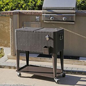 80 Quart Qt Rolling Cooler Ice Chest Beverage Cart, Dark Brown Wicker Faux Rattan Ice Tub Trolley, Portable Outdoor Backyard Patio Deck Party Drink Beverage Bar, Wheels with Shelf & Bottle Opener