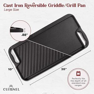 Cast Iron Griddle / Grill + Burger Press + Pan Scrapers - Reversible Pre-Seasoned 20" X 10"-inch Dual Handle Flat Skillet and Griller Pan + Cleaning Accessories - Indoor/Outdoor - UPDATED VERSION