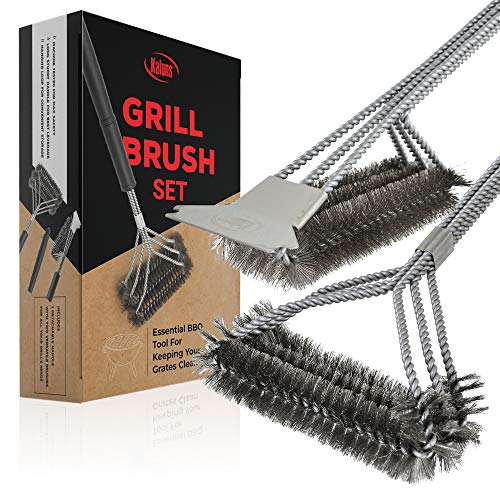 Kaluns Grill Brush for Outdoor Grill 2 Pack, BBQ Grill Brush for Grill Cleaning, Grill Scraper Set Includes Two Brush Heads and one Removable 18" Long Handle, Stainless Steel Durable Wire Bristles