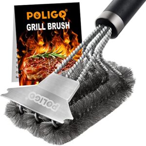 poligo safe grill brush and scraper with deluxe handle - 18" grill cleaner brush stainless steel bristle grill brush for outdoor grill wizard grate - bbq brush for grill cleaning ideal grilling gifts